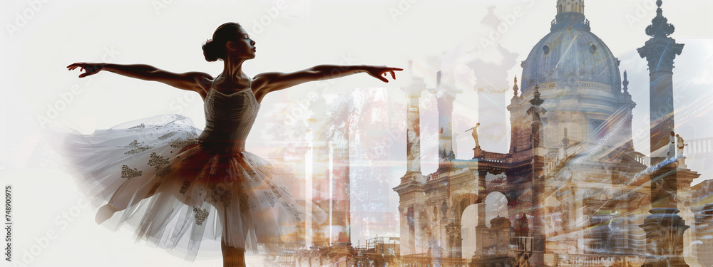 Ballet dancer and a vintage architectural structure, fusing the ...
