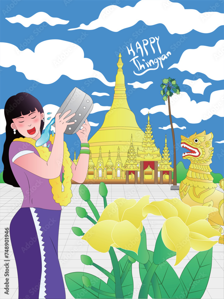 Myanmar traditional water splashing festival vector illustration poster ...