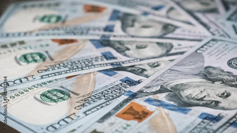 Pile of hundreds American US dollar bills slowly rotating close-up ...