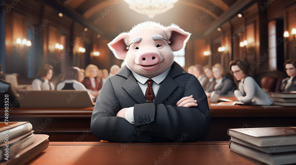 Explore a 3D scenario in court where a determined panda lawyer stands ...