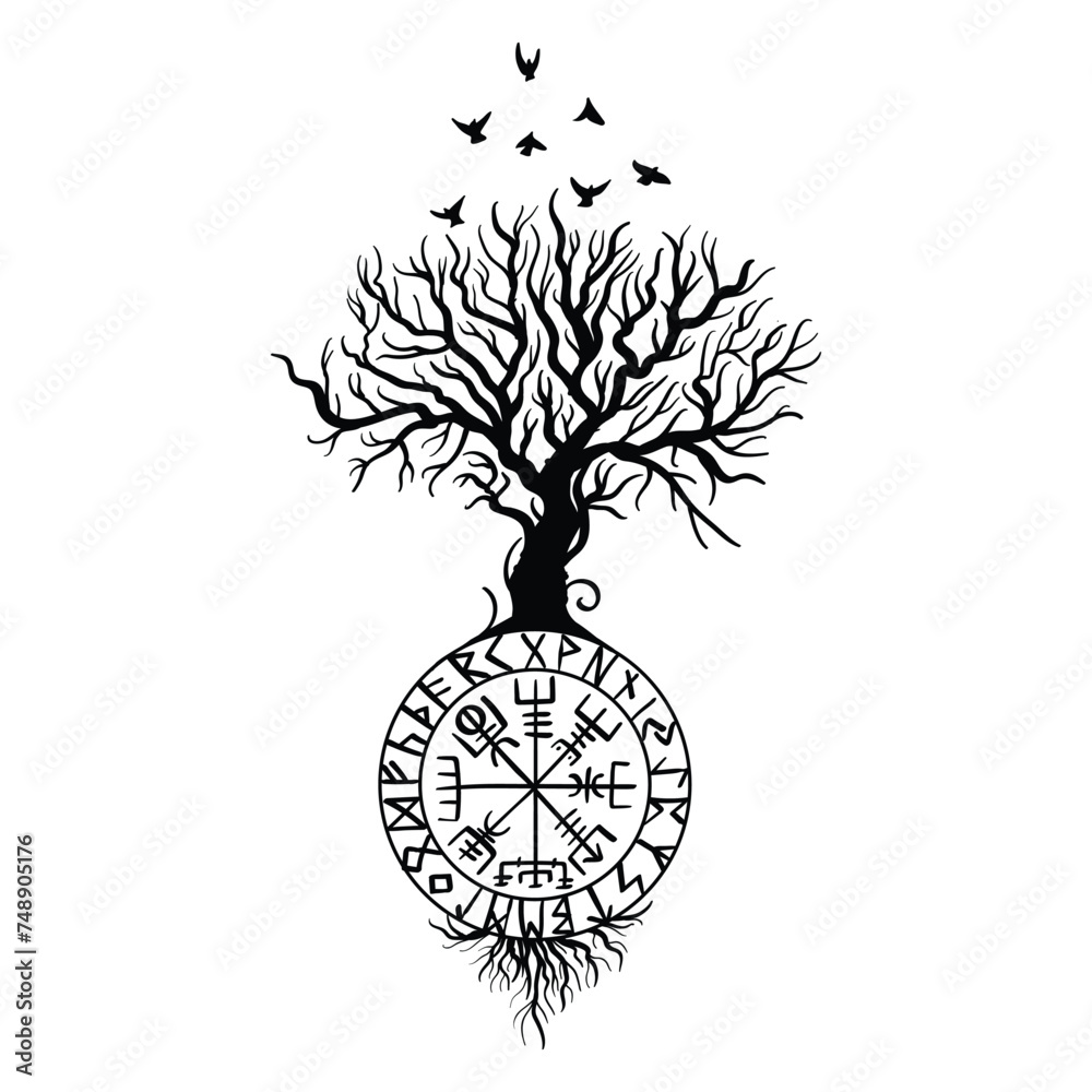 Yggdrasil, the tree of life. Vikings symbol Odin,with futhark runes ...
