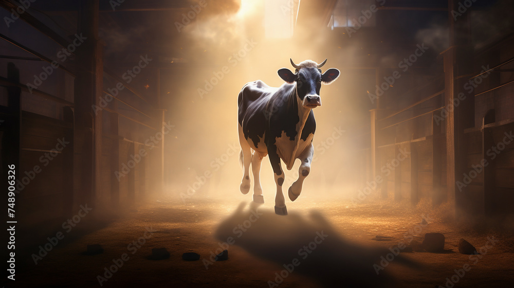 Intense scene of a cow being led to freedom escaping the shadows of a ...