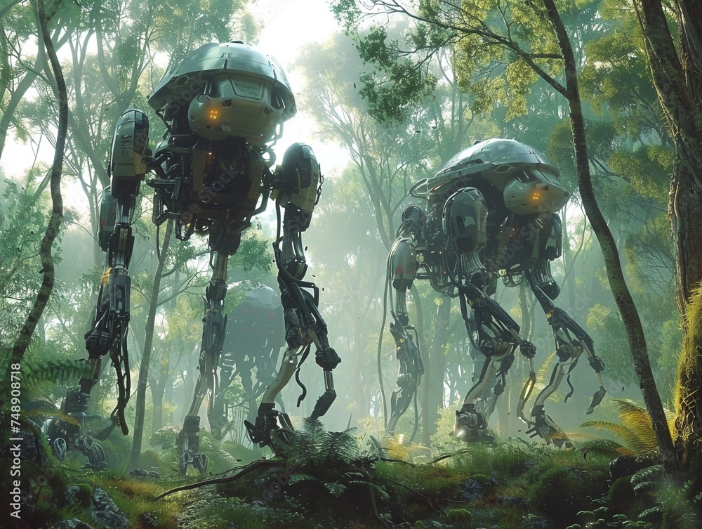 A forest where technology meets wilderness, cyborg predators and prey ...