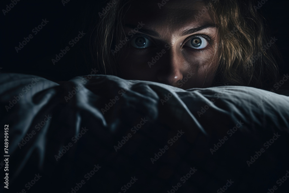 Woman is cowering in fear behind a blanket in a dark room, indicating a ...