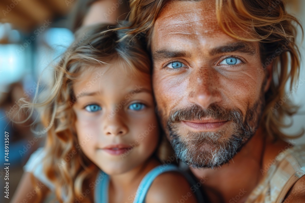 Affectionate father with blue eyes and daughter sharing a tender moment ...