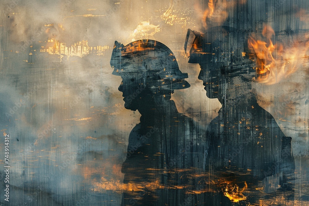 In this artwork, two firefighters stand facing a fire, depicted ...