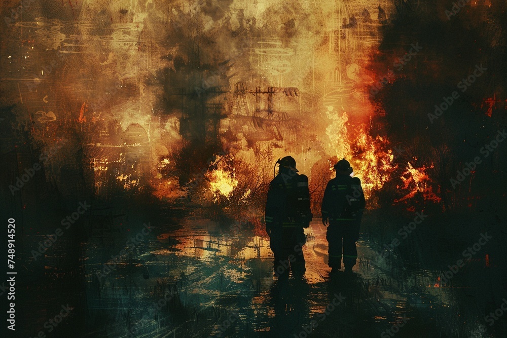 scene portraying two firefighters facing a blaze, rendered with ...