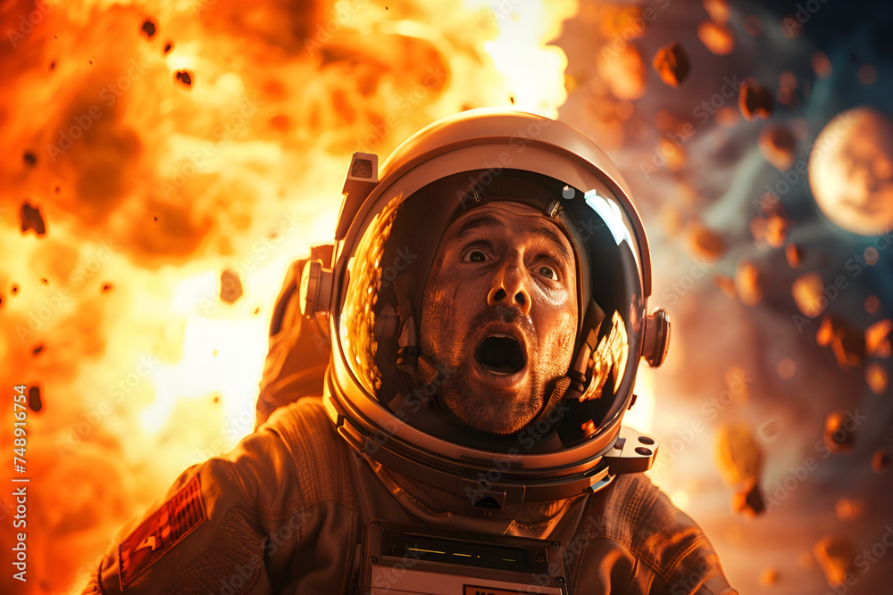 Nuclear war. Shocked astronaut floating in space suit outside the space ...