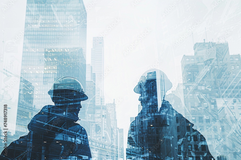 Urban Visionaries: Realistic Construction Workers Gazing at Skyscraper ...