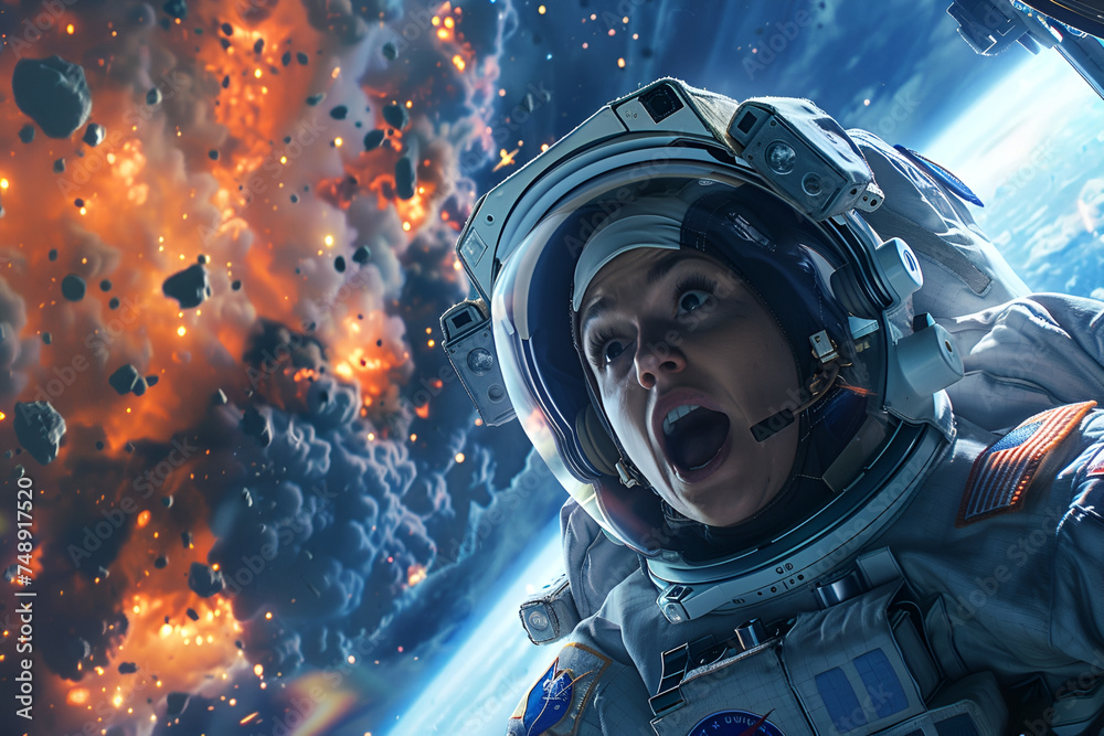 Mushroom explosions in space. Shocked astronaut floating in space suit ...