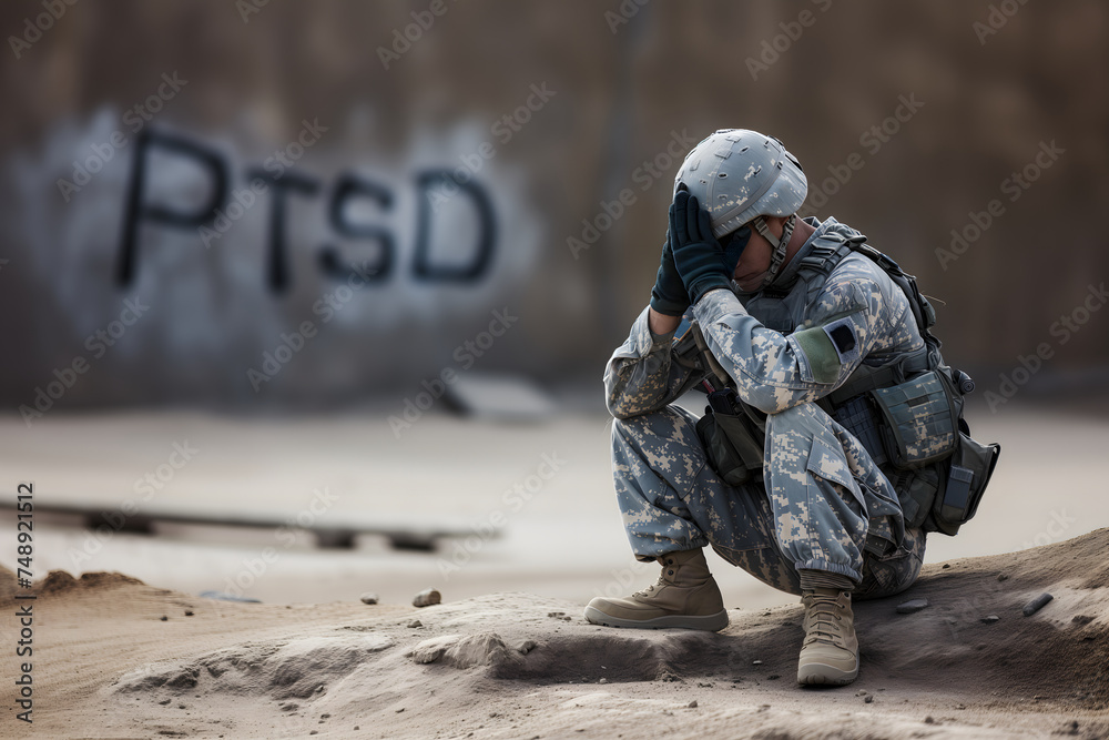 sad soldier and inscription PTSD on the wall, PTSD for post-traumatic ...