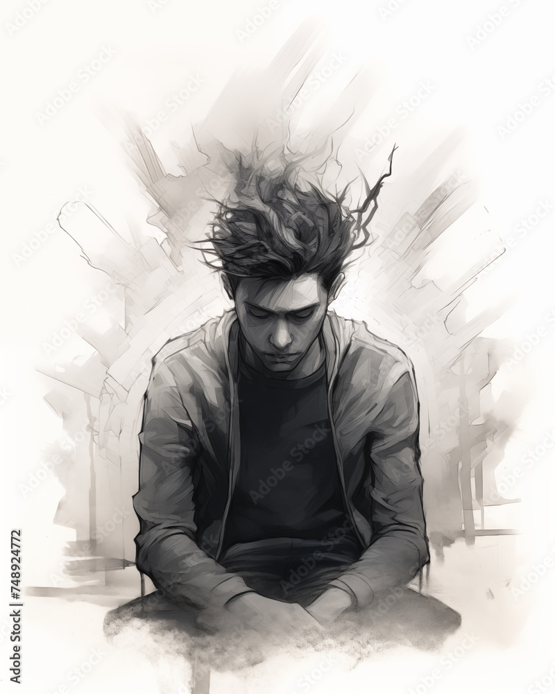 mental health prevention sketch drawing - identity crisis, mood swing ...