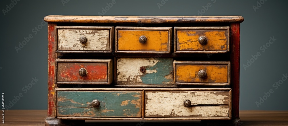 A colorful chest of drawers, showcasing various hues, is displayed on a ...