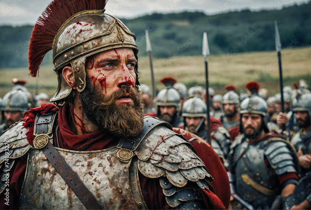 closeup of roman legionary soldier with helmet, beard and face stained ...