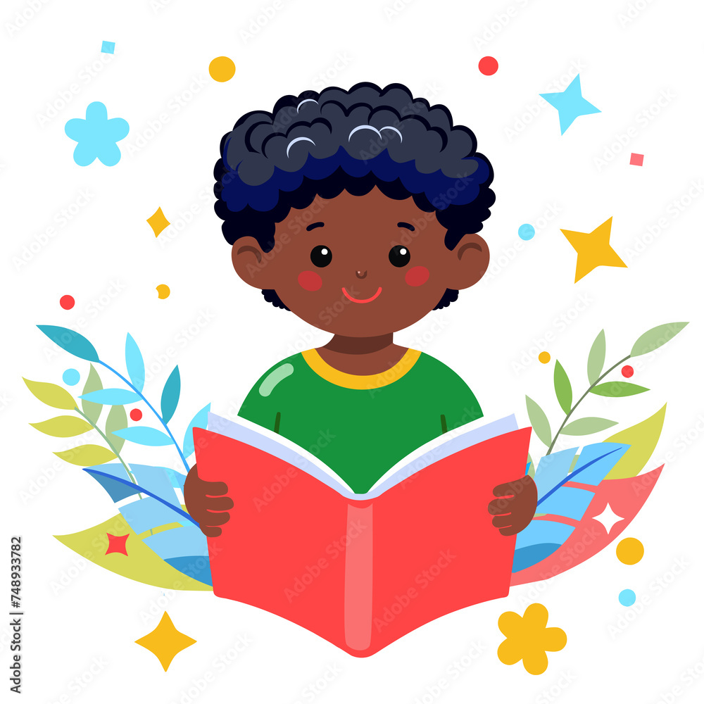 Cute African American boy reading open book isolated on white ...