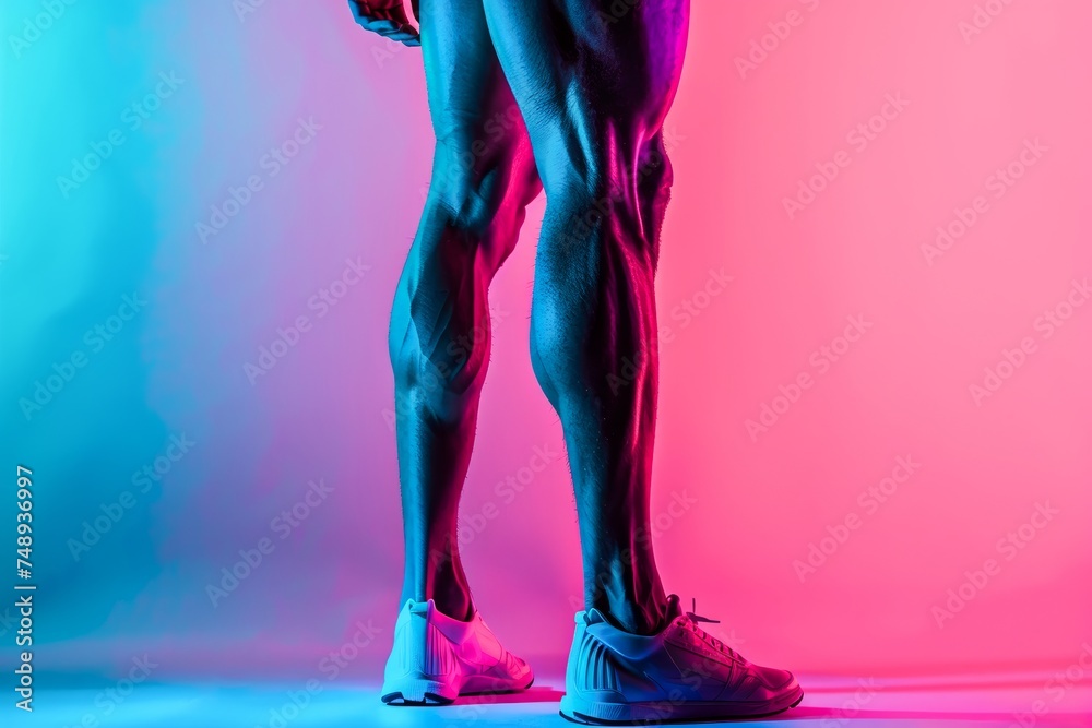 The sculpted leg muscles of an athlete are accentuated by a creative ...