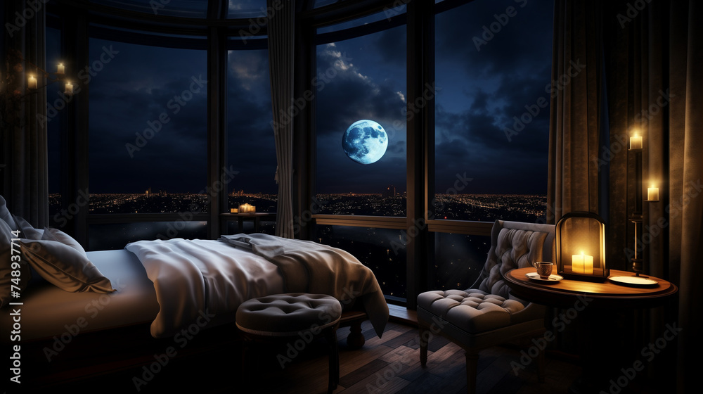 Boutique hotel suite with a corner window, creating a romantic ...
