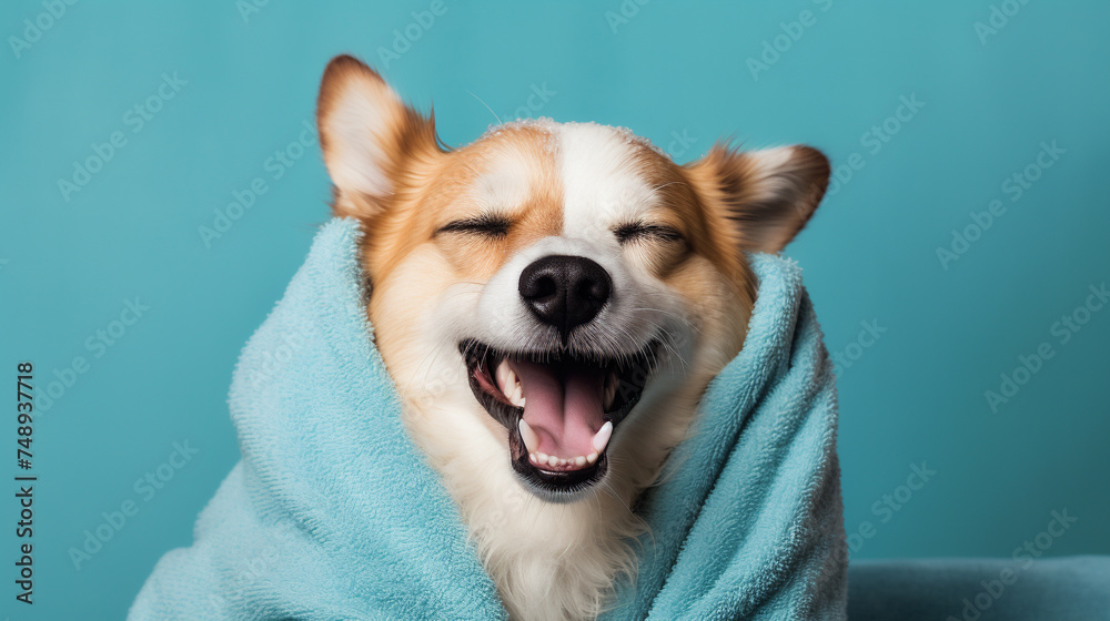 Happy dog indulging in a facial spa treatment wrapped in a plush towel ...