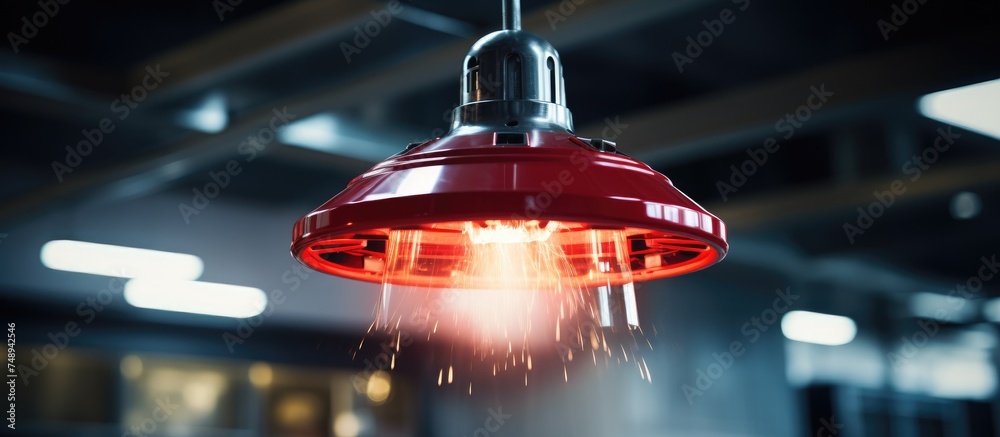 A red emergency light fixture is seen suspended from the ceiling in a ...