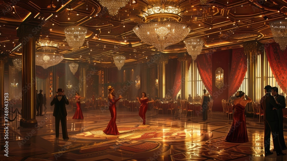 An art deco inspired ballroom from the 1920s, with elegant dancers and ...