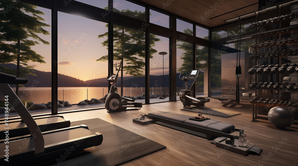 Tech-integrated home gym with windows that display virtual outdoor ...