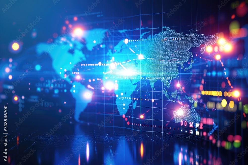 An advanced digital world map displaying vibrant network connectivity ...