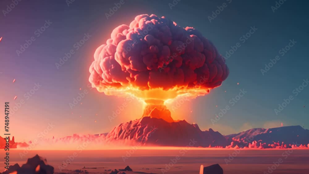 Nuclear explosion above the clouds. Huge nuclear bomb explosion with a mushroom cloud, weapon of ...