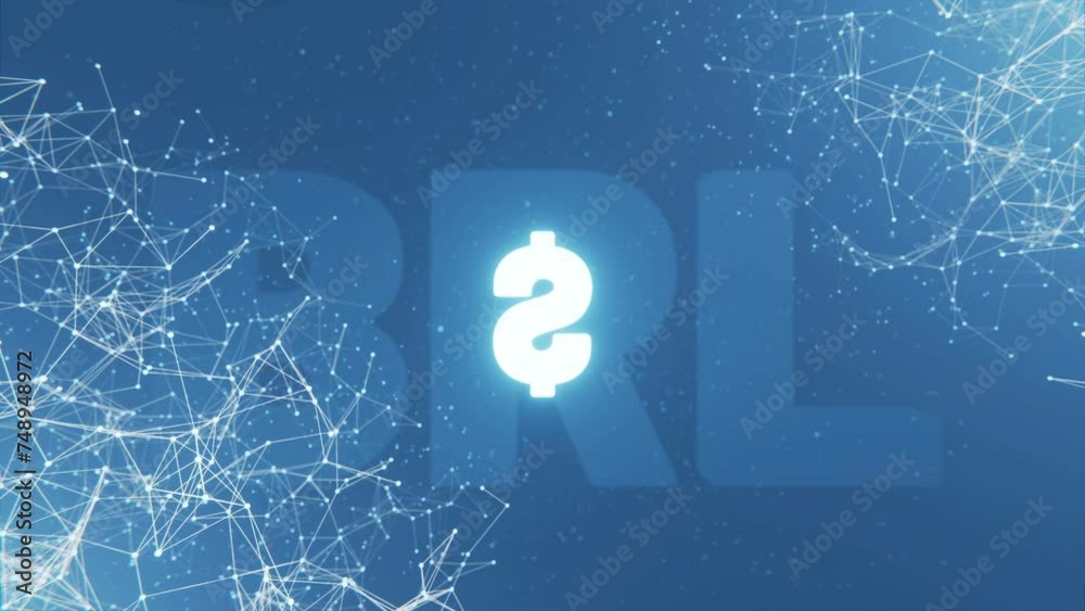 Abstract 3D background with rotating BRL currency signs and plexus ...