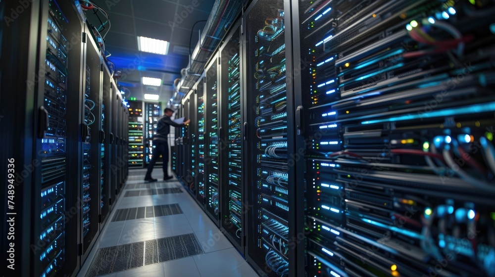 Interior of a modern data center server room with racks of servers and ...
