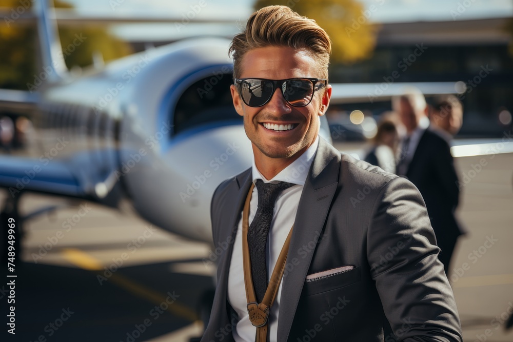 Airline pilot in uniform and sunglasses getting ready for corporate ...