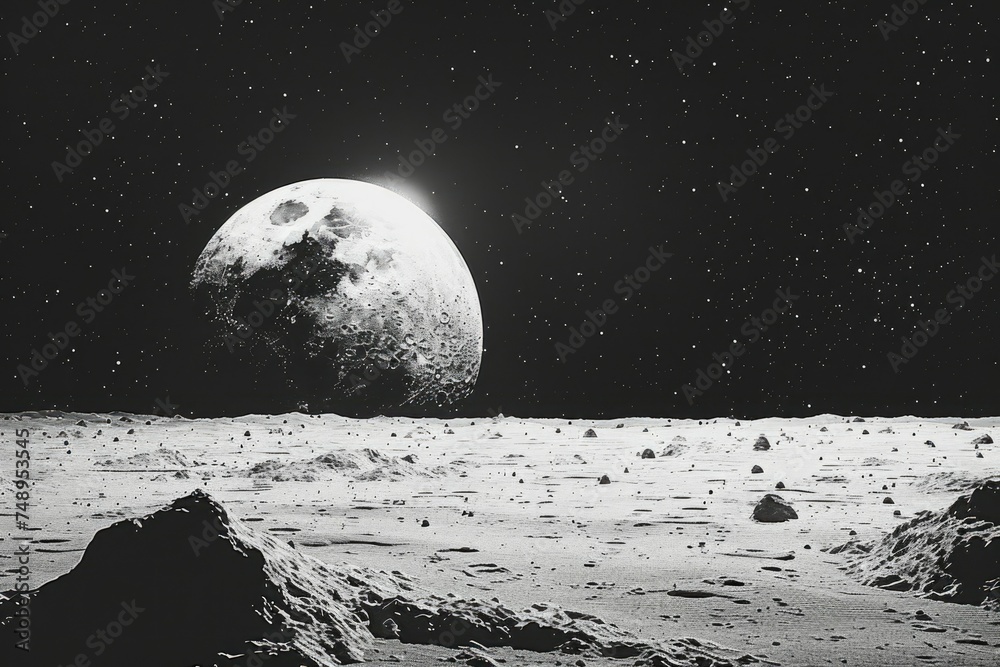 Monochrome moonrise over a lunar landscape - A dramatic black and white ...