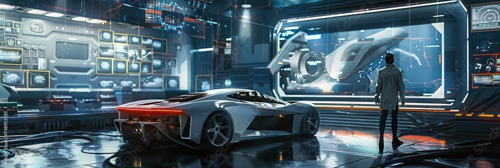 Futuristic car in high-tech facility - A concept futuristic car sits in ...