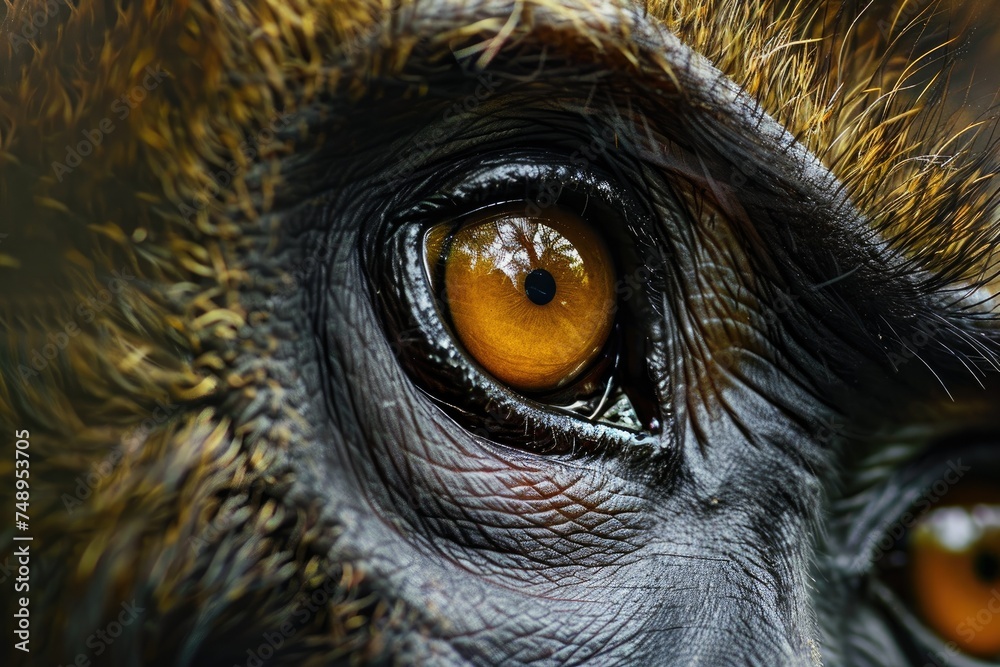 Macro shot of orangutan's intense eye - Macro photo showcasing the ...