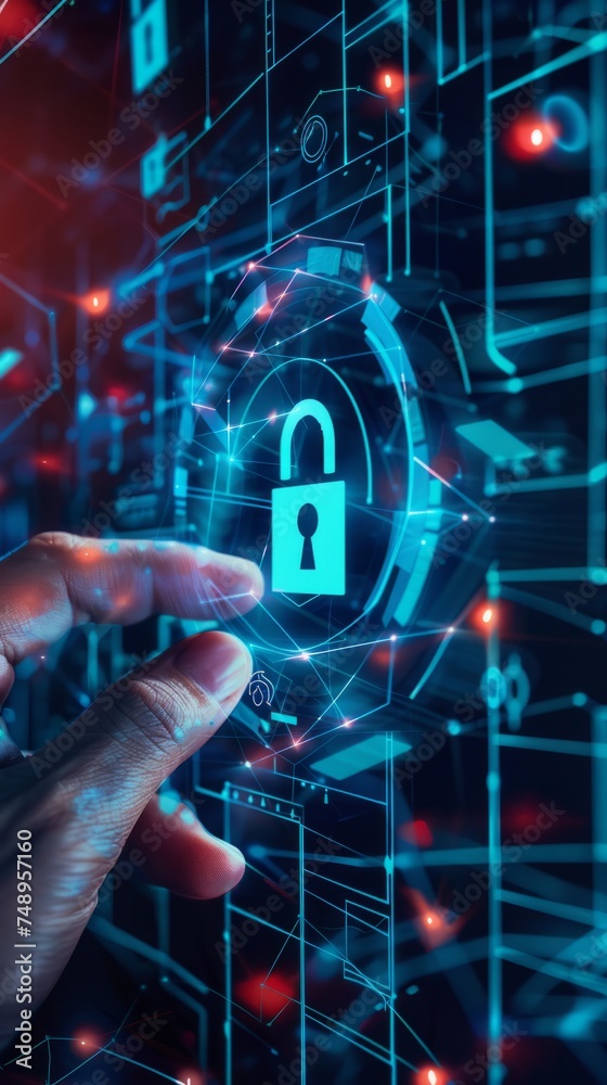 Human finger touching a digital screen with glowing cyber security lock ...