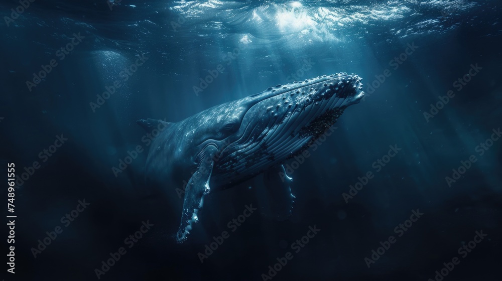 Light filters through the water, highlighting a humpback whale and its ...
