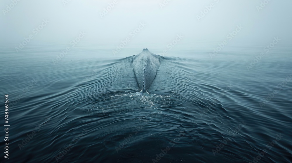 The calm waters part as a blue whale's dorsal fin breaks the surface ...