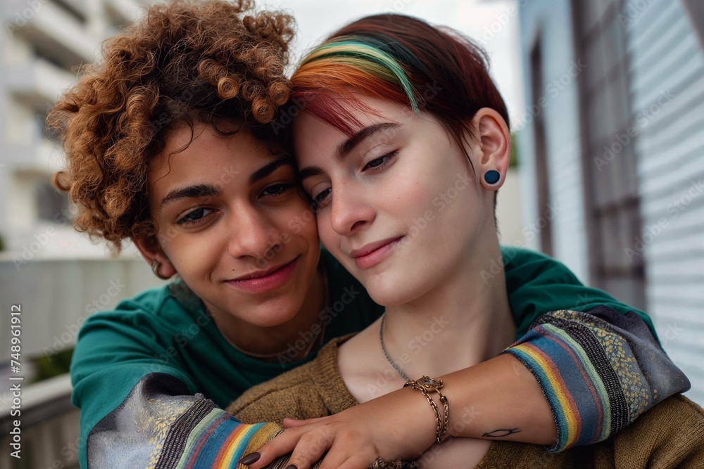 LGBTQ couple from Gen Z sharing a heartfelt hug, embodying authentic ...