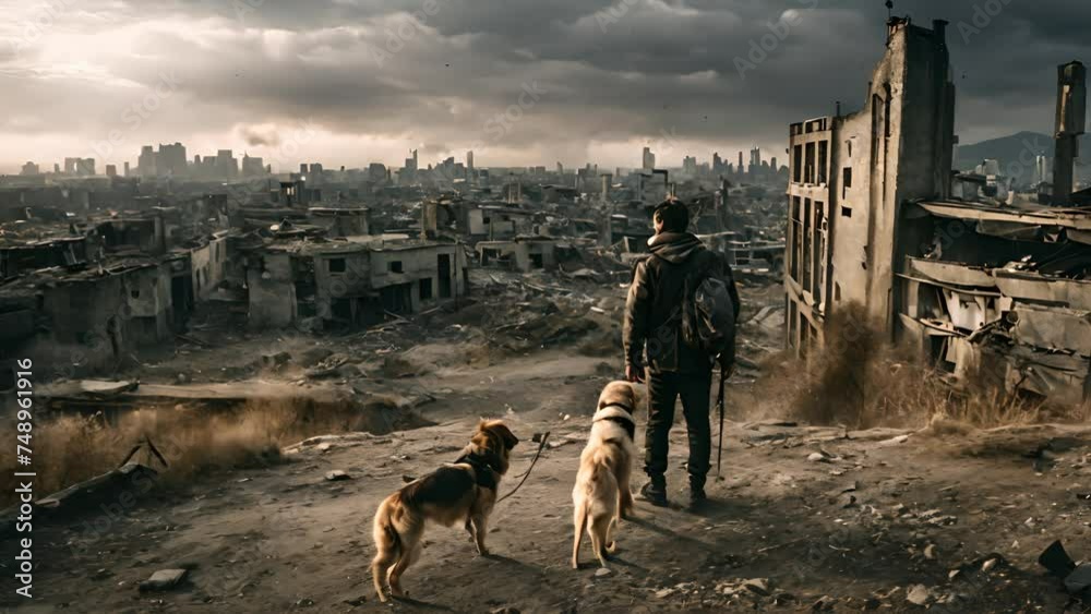 Vidéo Stock Post apocalyptic scenery showing a man and a dog standing ...