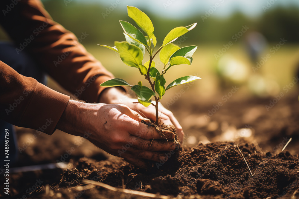 Close up of person planting a new tree in the soil in reforestation ...