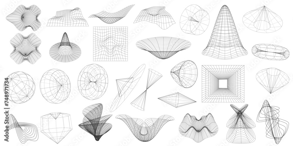Retro futuristic y2k geometry design elements collection. 3d shapes, wireframe, cyberpunk ...
