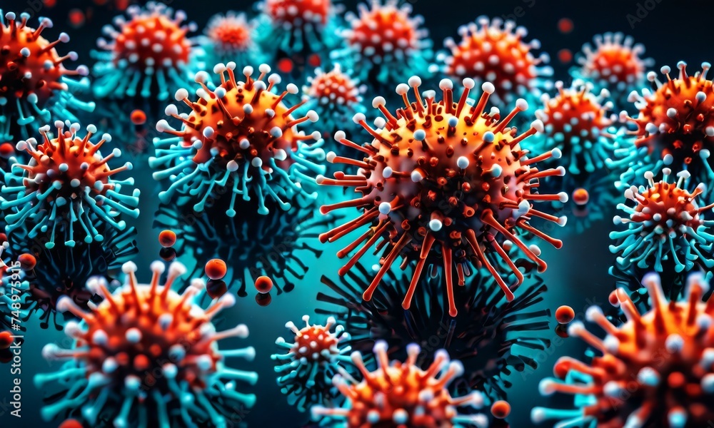 A dynamic cluster of multicolored virus models, with a focus on detail ...