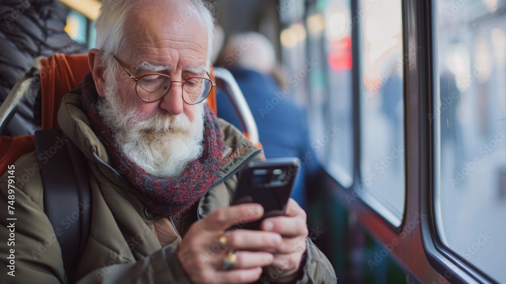 elderly gentleman with glasses focused intently on using his smartphone ...