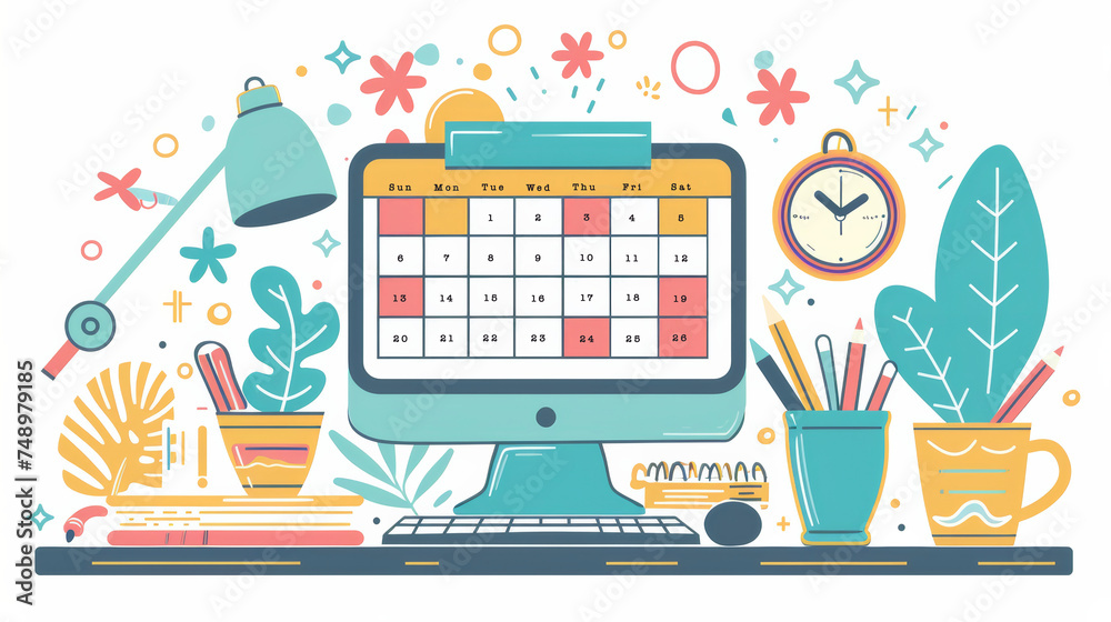 A colorful calendar with highlighted deadlines and appointments sits ...