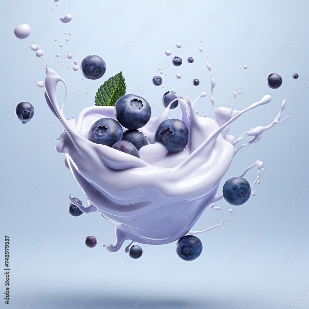 Blueberries with splashing milk flying in air isolated on white ...