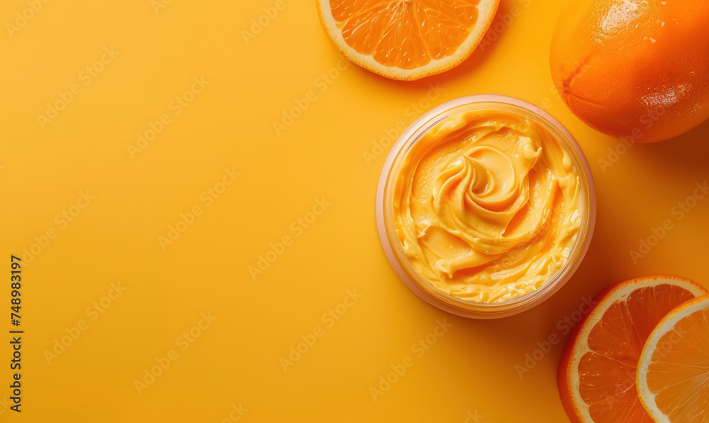 bright orange skincare cream texture with citrus fruit and peel on ...