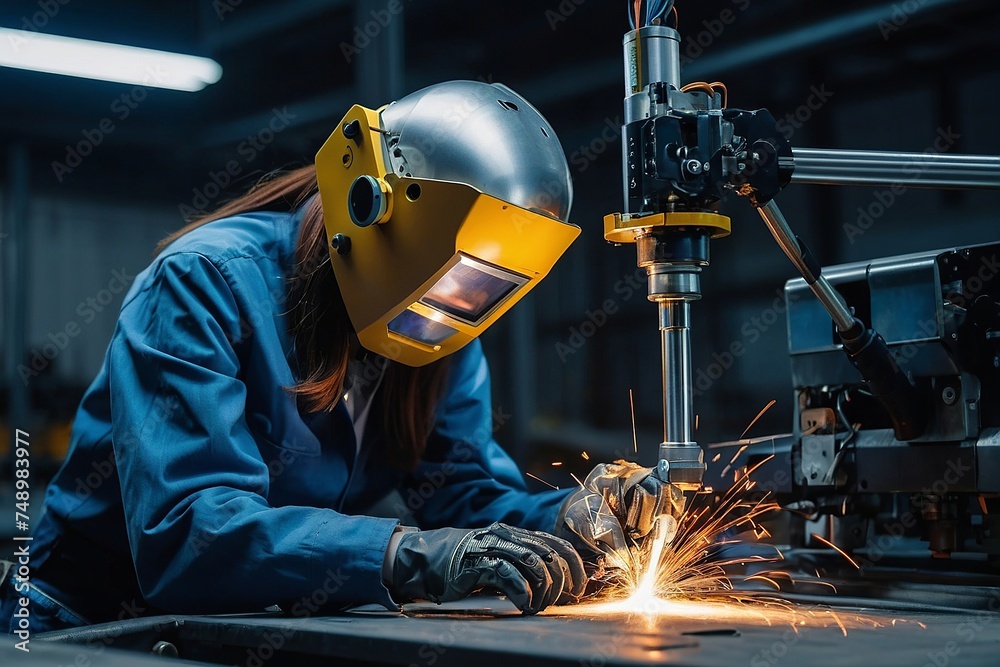 Welder at work, steel worker welding metal in an industrial setting ...