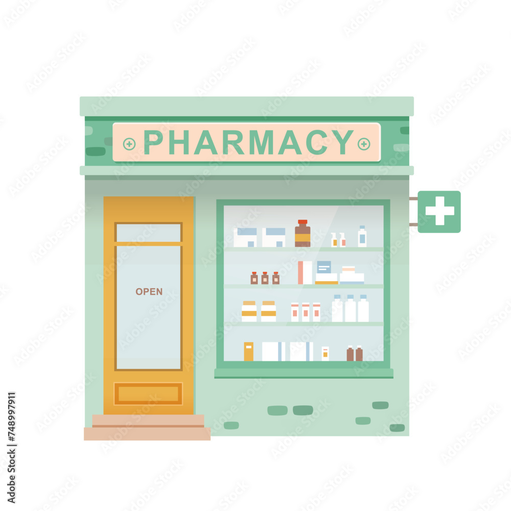 Pharmacy store building front view vector illustration. Exterior facade ...