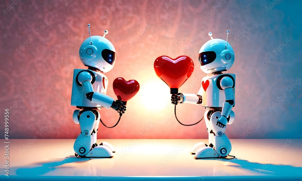 Two robots engage in a heartwarming exchange of a red heart, connected ...