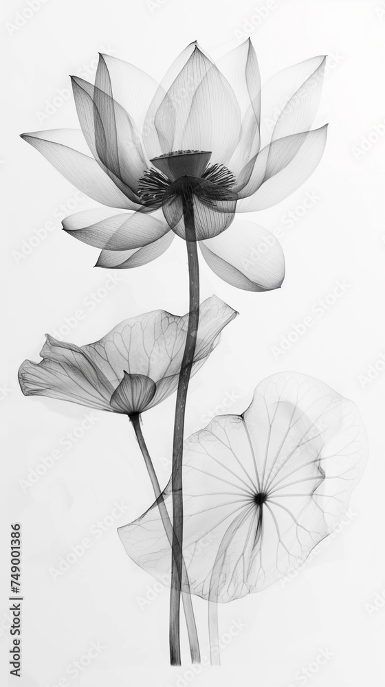 Image of a beautiful lotus in x-ray style, art frame, black & white ...