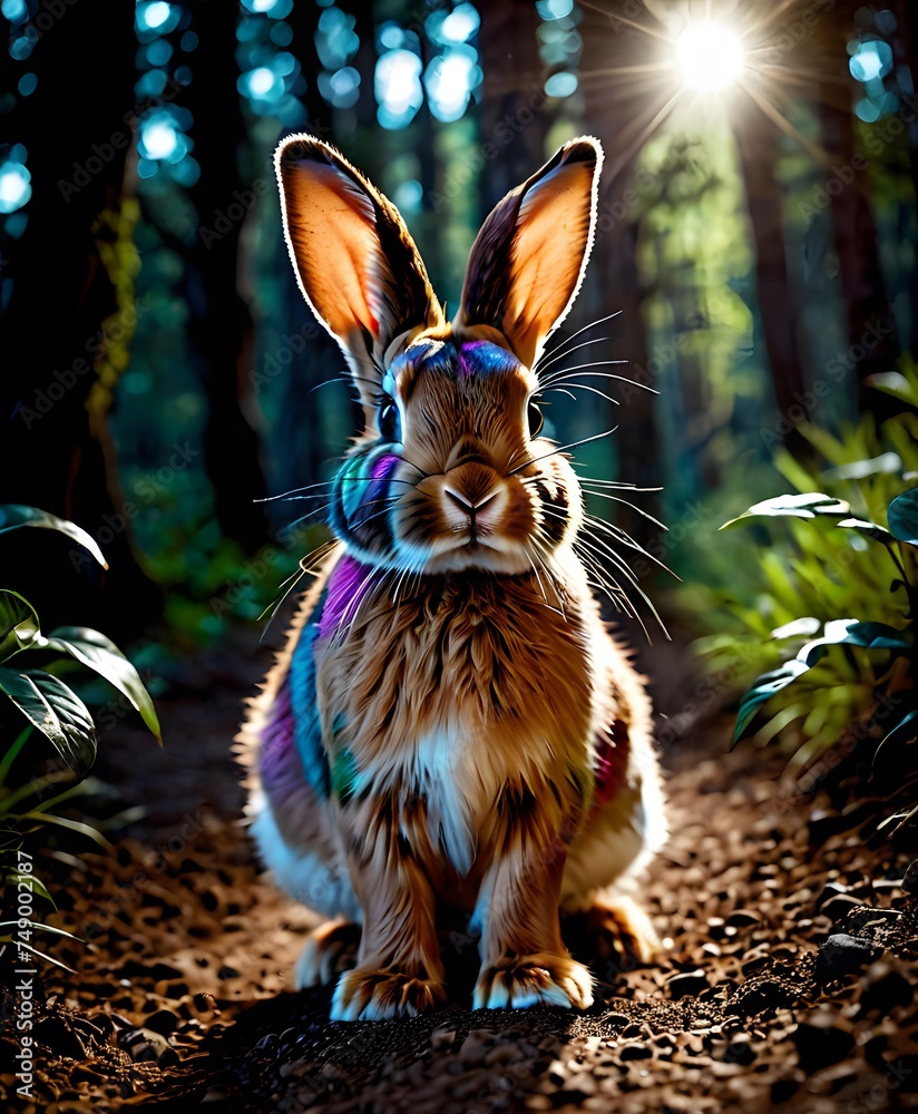 Under the first light of day, a rabbit in a spectrum of colors stands ...